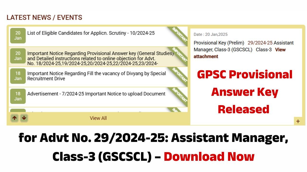 GPSC Answer Key 2025 Advt No. 29/2024-25 Assistant Manager, Class-3 Out ...